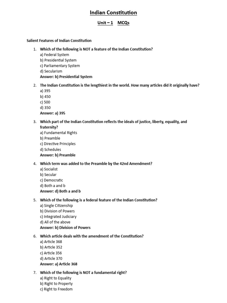 Indian Constitution MCQs and Features | PDF | Government Of India ...