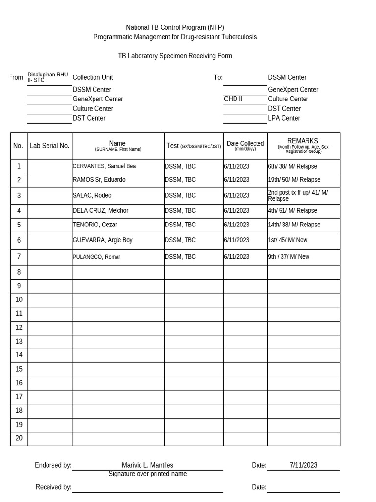 Drug-Resistant TB Specimen Form | PDF | Tuberculosis | Clinical Medicine