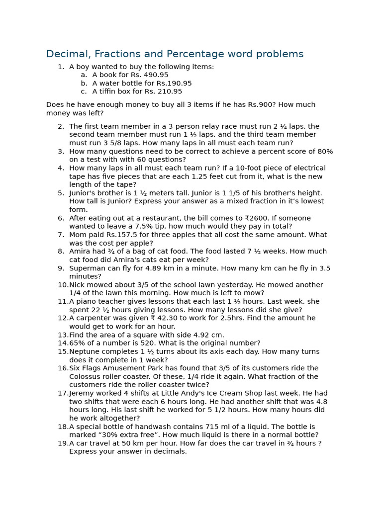 Word Problems: Decimals, Fractions, Percentages | PDF | Percentage