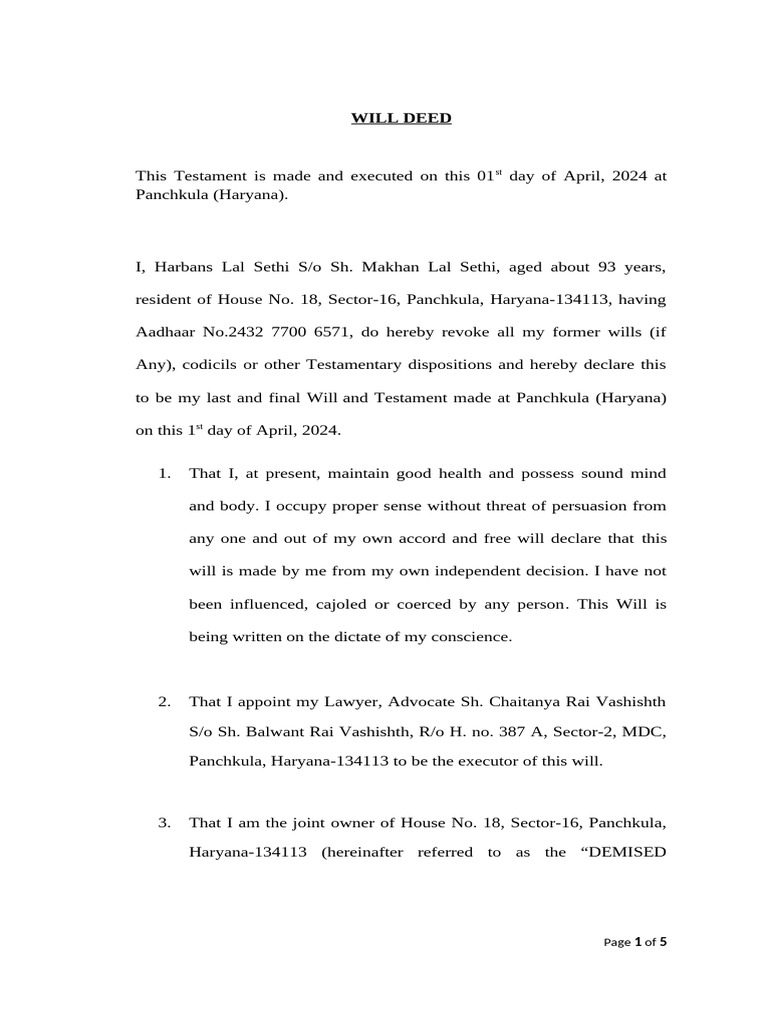 Will-Deed For Siddharth Kaushal | PDF | Affidavit | Common Law