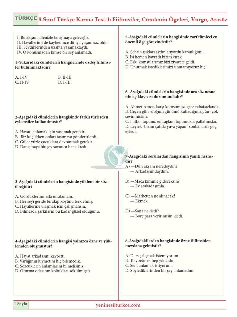 Karma Test 1fiilimsi Cumlenin Ogeleri Vurgu Arasoz | PDF