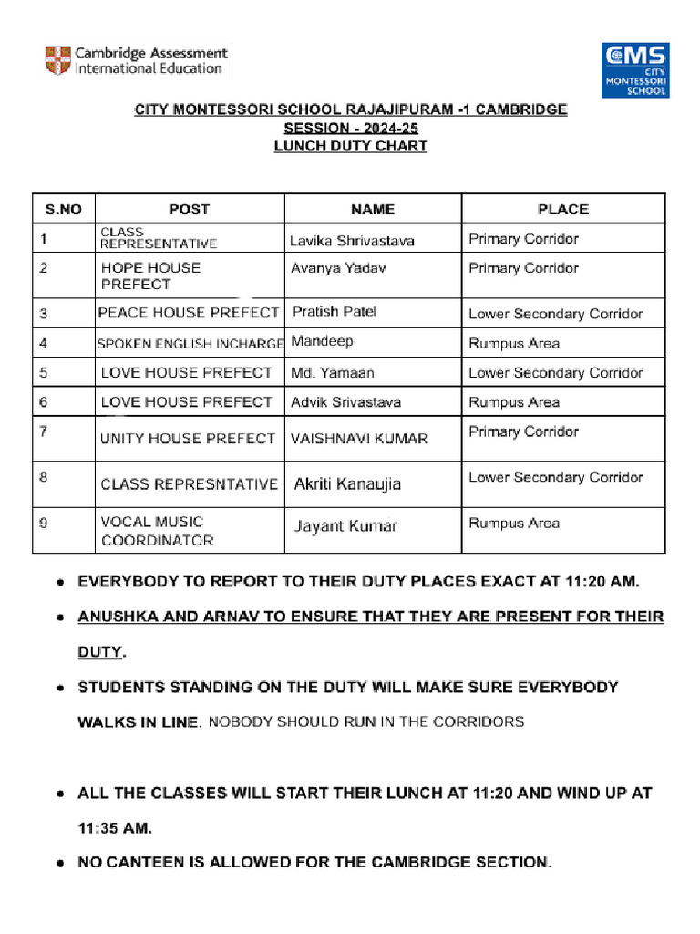 Lunch Duty Chart | PDF