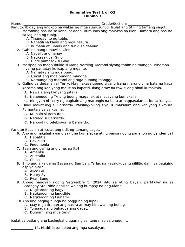 Filipino - Summative Test 1 of Q2 | PDF
