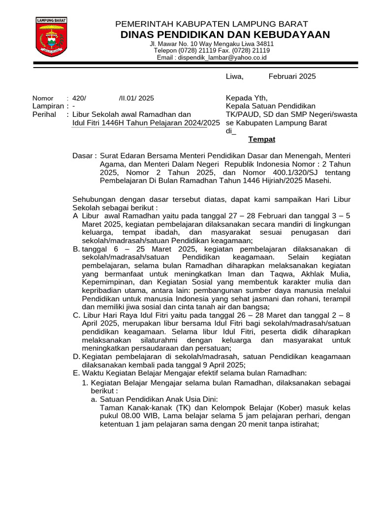 Surat Edaran KBM Bulan Awal Ramadhan Dan Idul Fitri 1446h 2025 | PDF