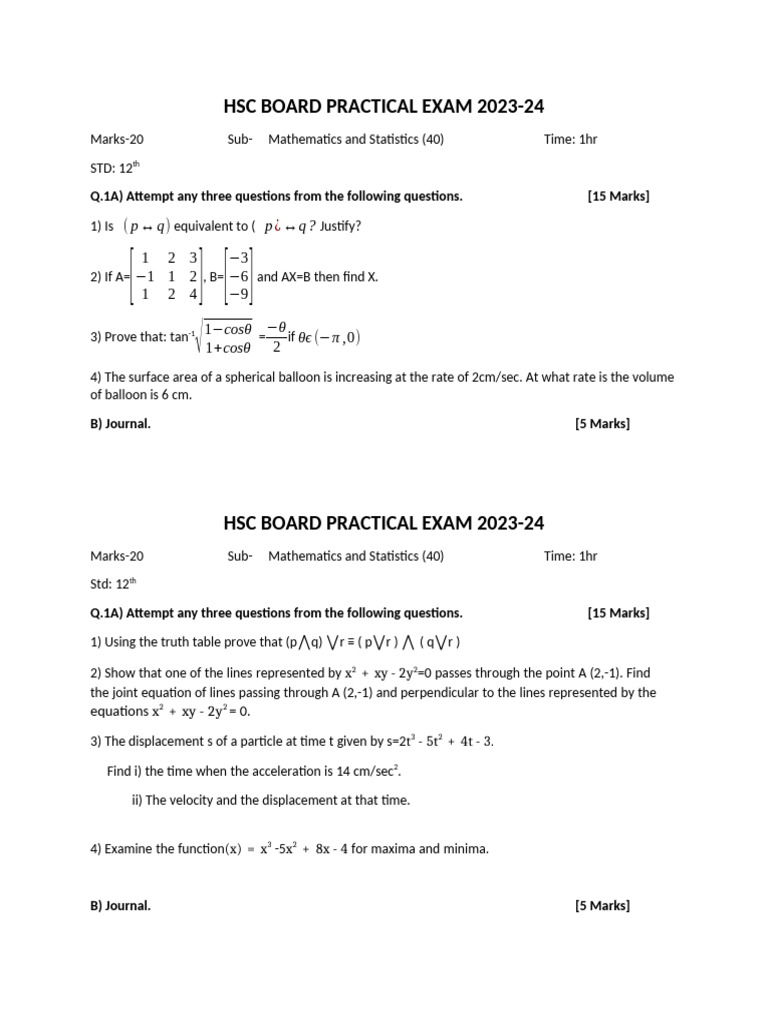 HSC 2023-24 Maths Practical Exam Guide | PDF