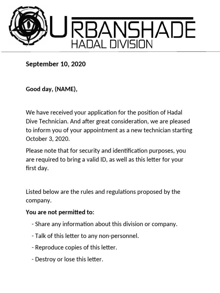 Hadal Dive Technician Appointment Letter | PDF