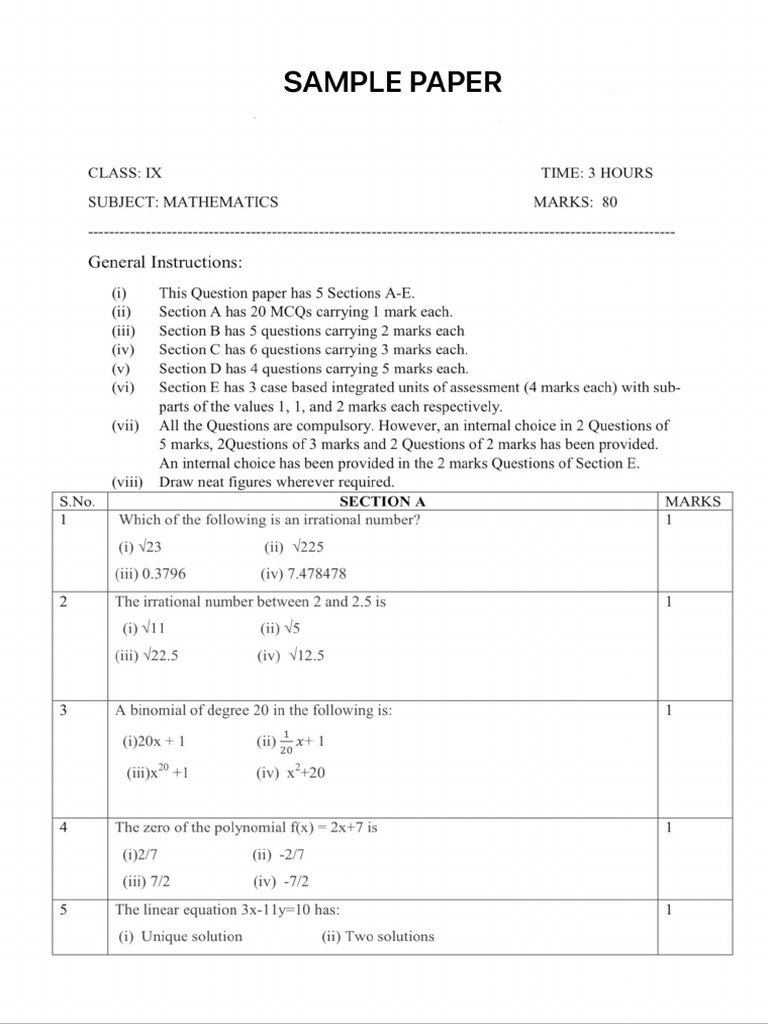 Sample Paper 9th Math 2025 | PDF