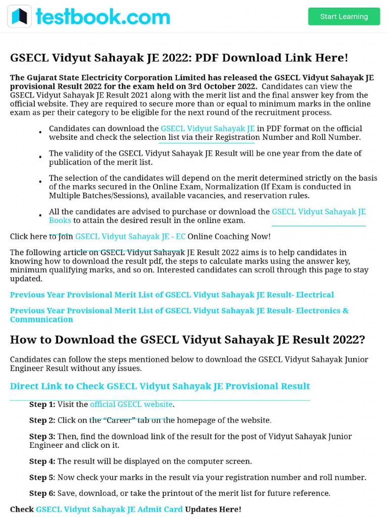 GSECL Vidyut Sahayak JE 2022 - PDF Download Link Here! | PDF