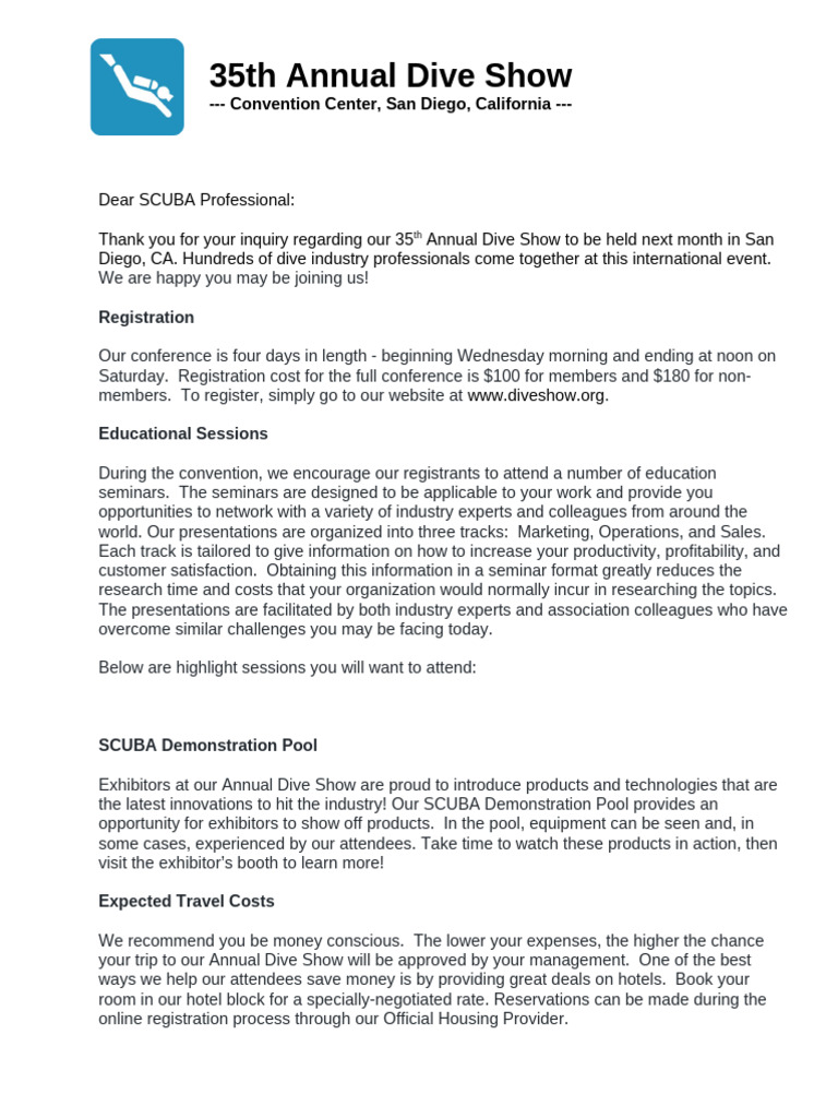 Dive Show Letter | PDF | Scuba Diving