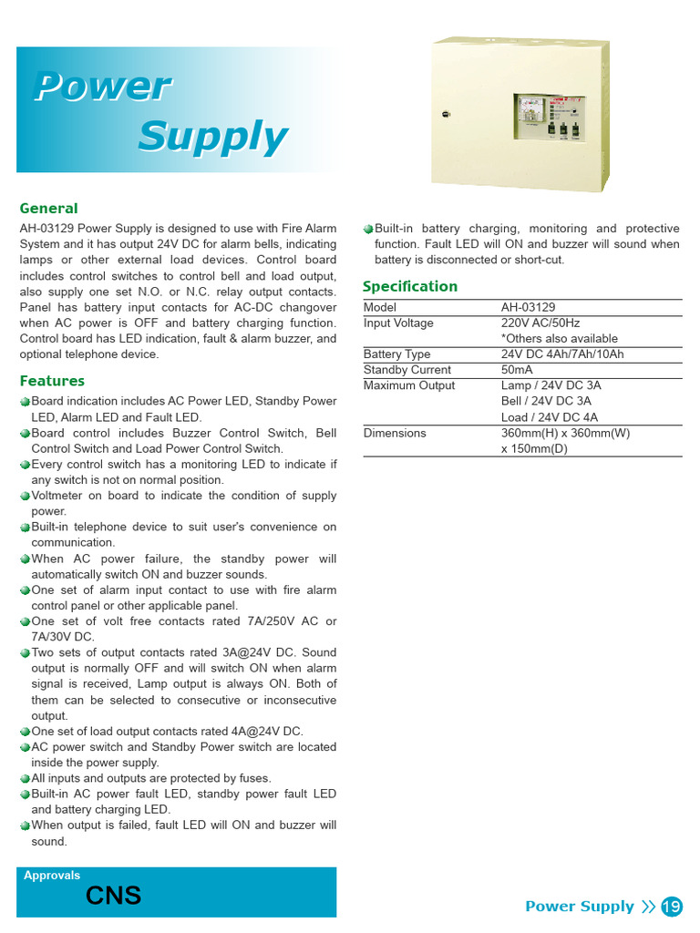 AH-03129 Fire Alarm Power Supply | PDF | Power Supply | Switch