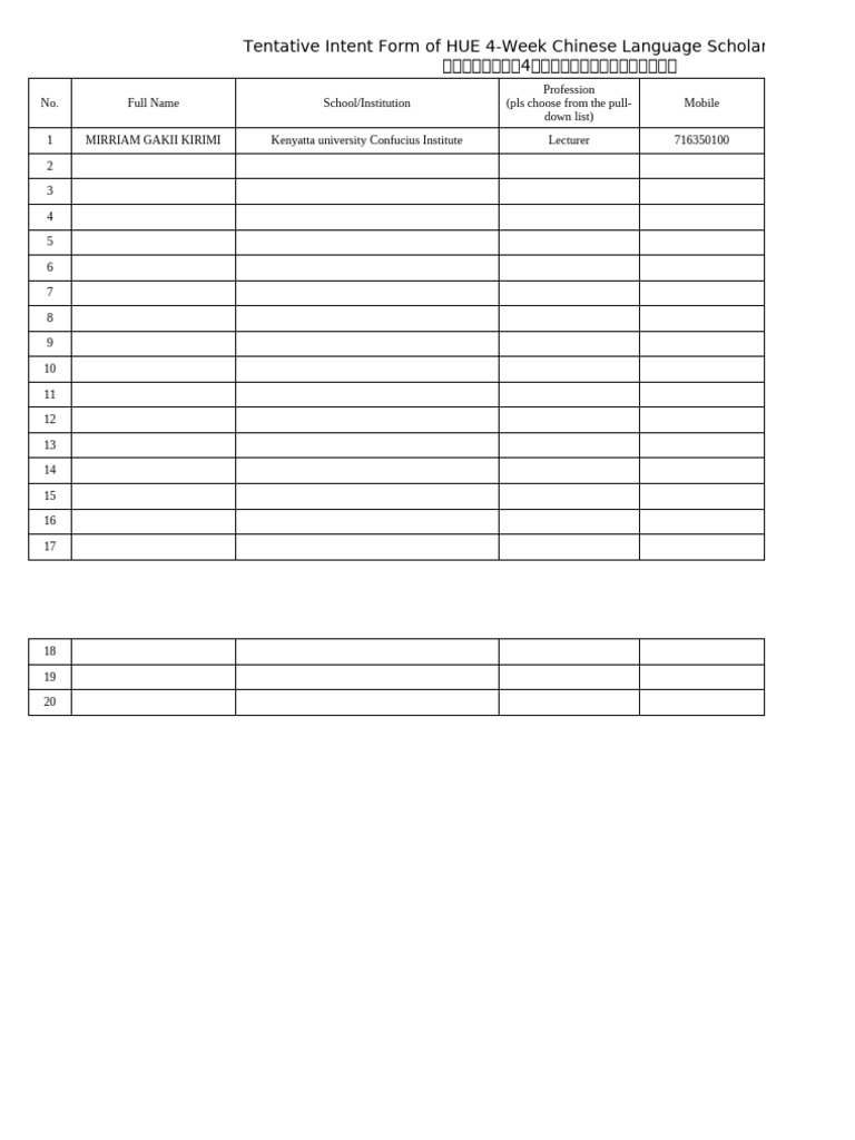 Tentative Intent Form of HUE 4-Week Chinese Language Scholarship ...