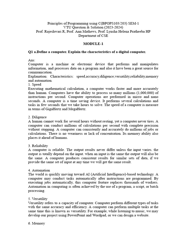 Vtu Exam Question Paper With Solution Of Bpops103 203 Principles Of Programming Using C Jan