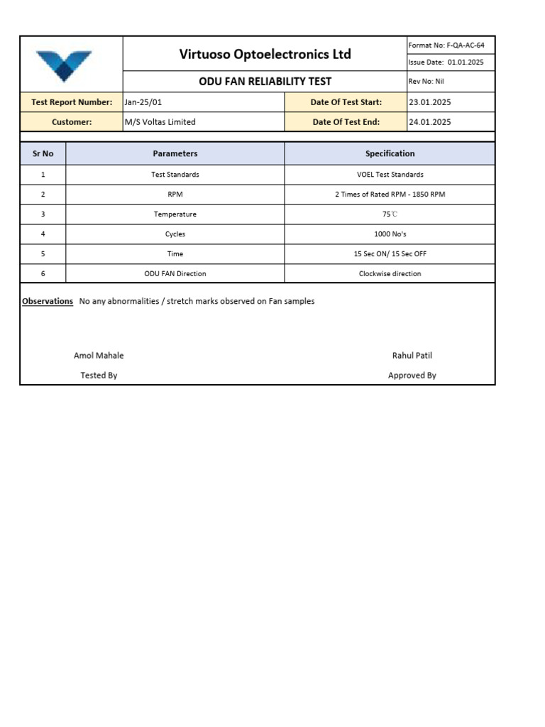 ODU Fan Reliability Test Report | PDF