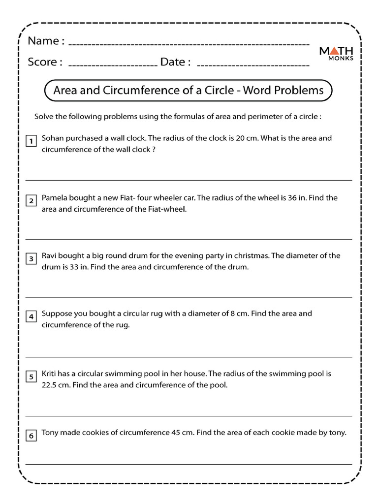 Area and Circumference of A Circle Word Problems Worksheet | PDF