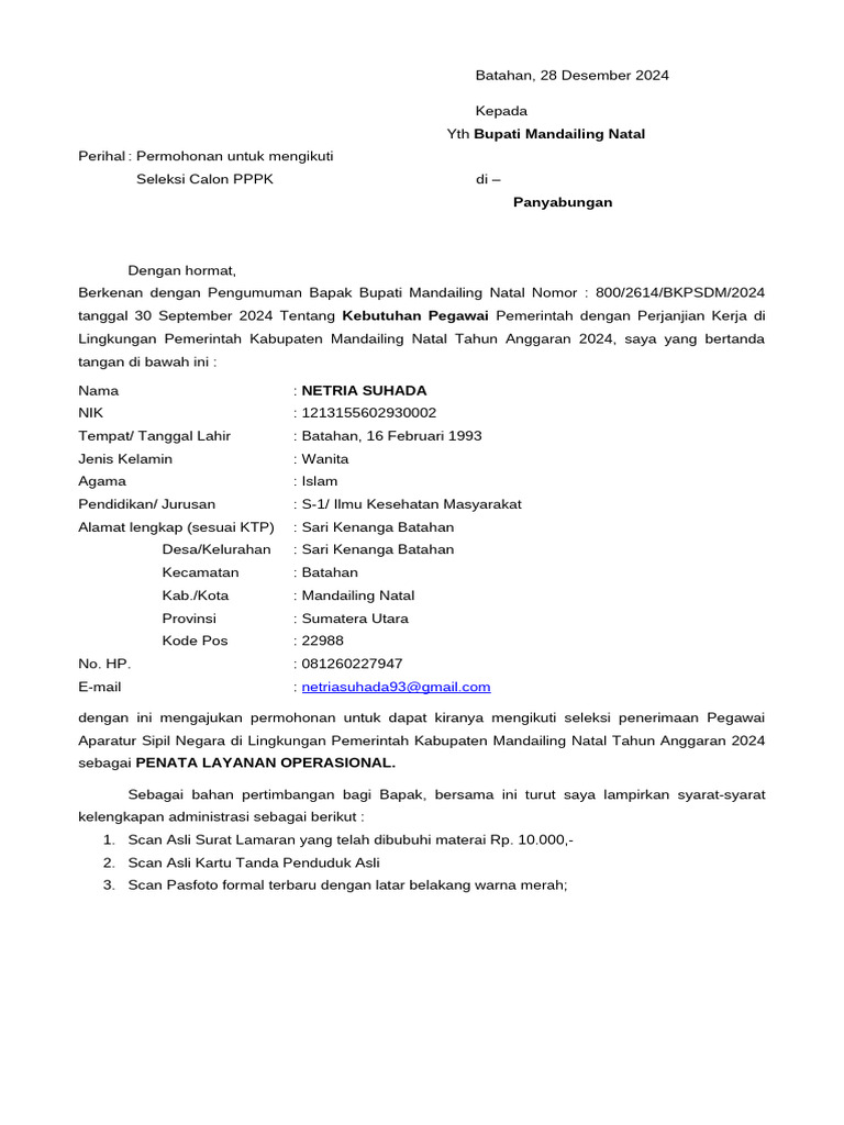 Surat Lamaran Inet | PDF