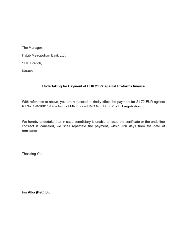 Repatriation Payment Undertaking Letter | PDF