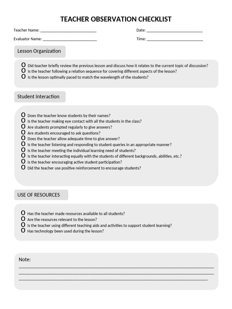TEACHER OBSERVATION CHECKLIS1 | PDF