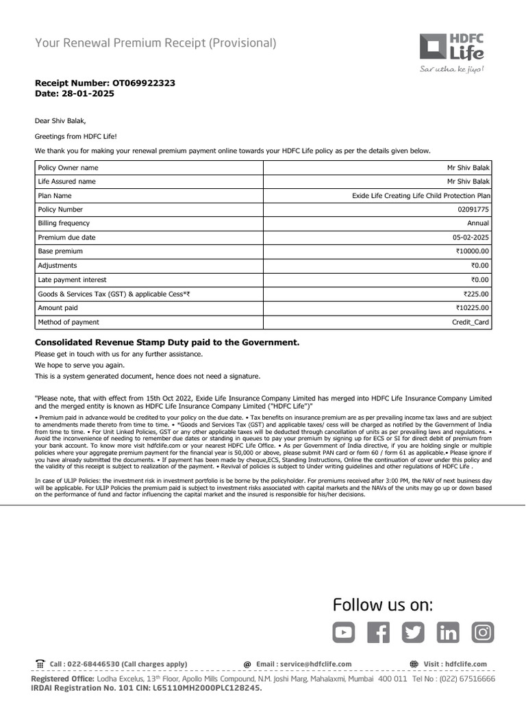 Receipt OT069922323 | PDF | Insurance | Life Insurance