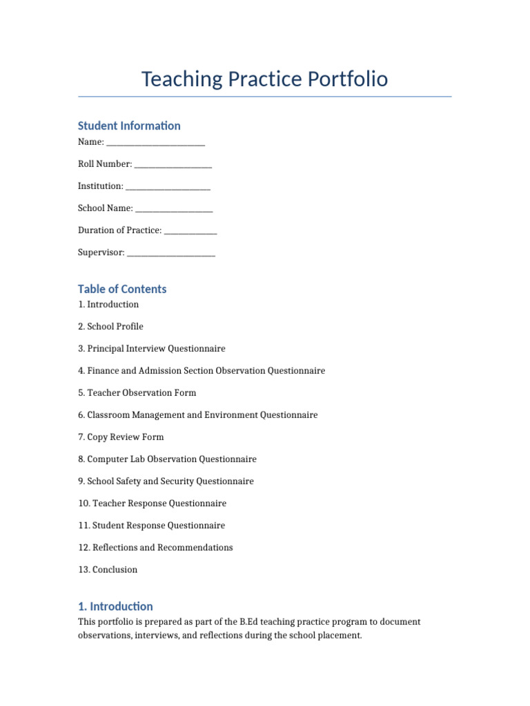 Teaching Practice Portfolio | PDF | Teachers | Schools