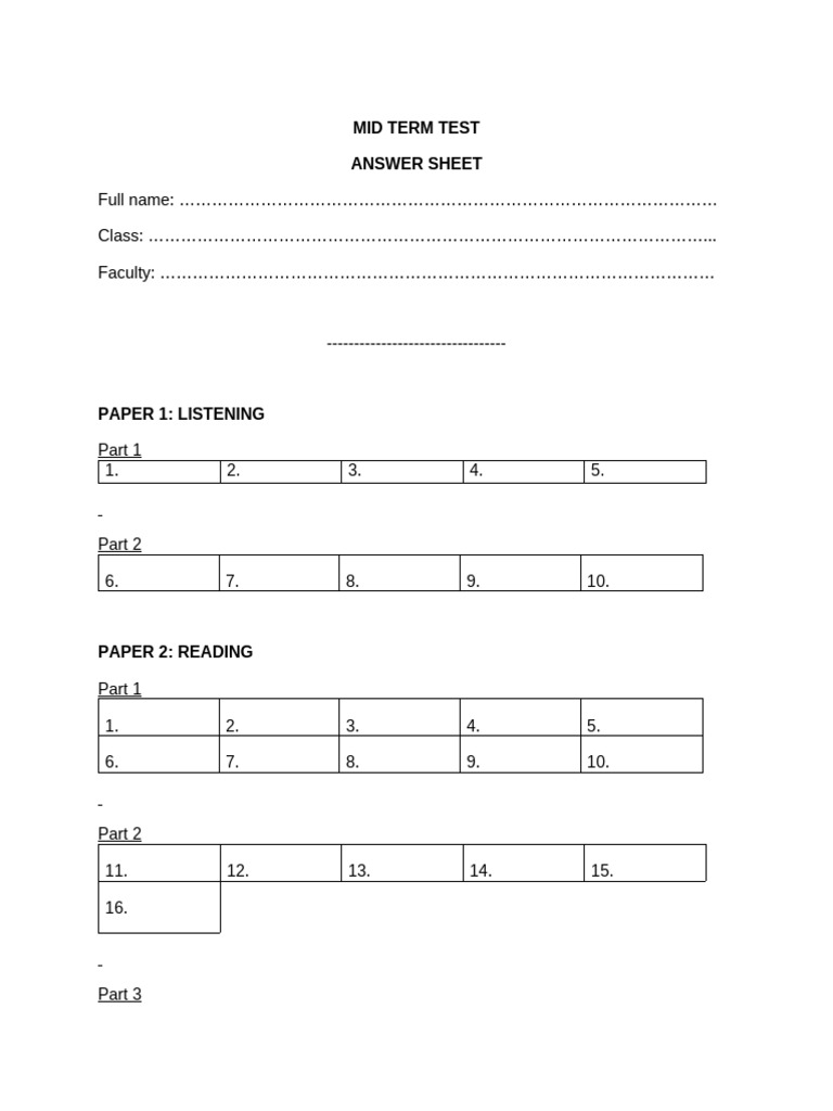 Mid Term Test Answer Sheet Template | PDF