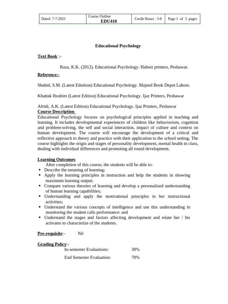Educational Psychology EDU 410 | PDF | Educational Psychology | Psychology