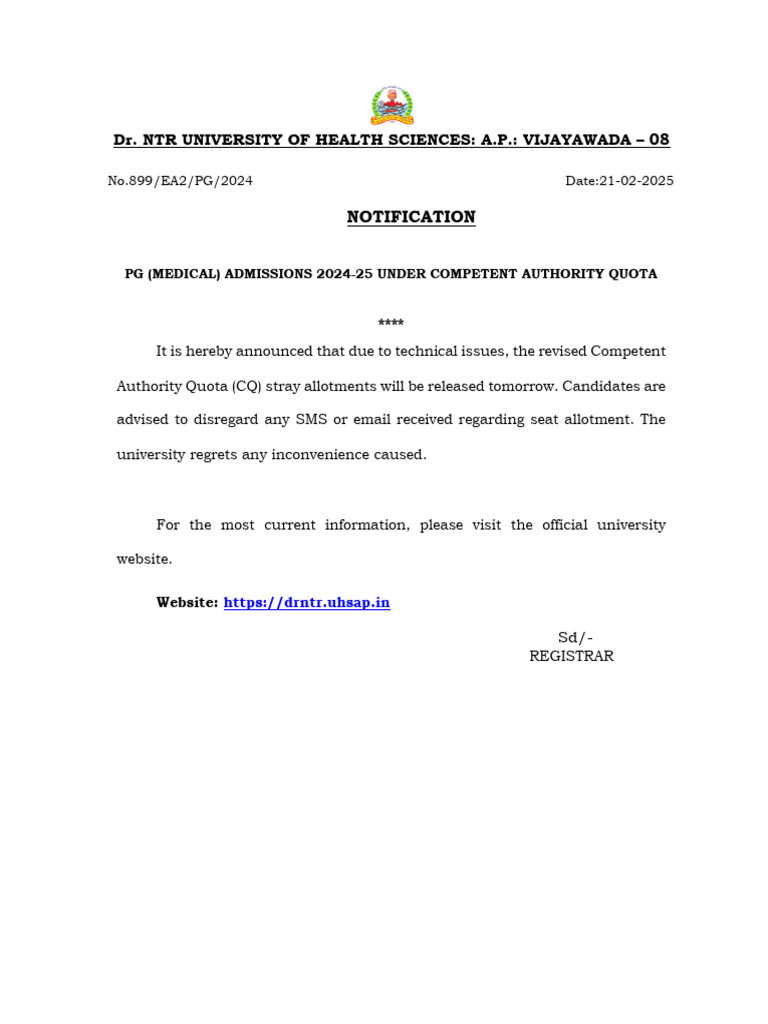 Notification - PG (Medical) Admissions 2024-25 Under Competent Authority Quota | PDF