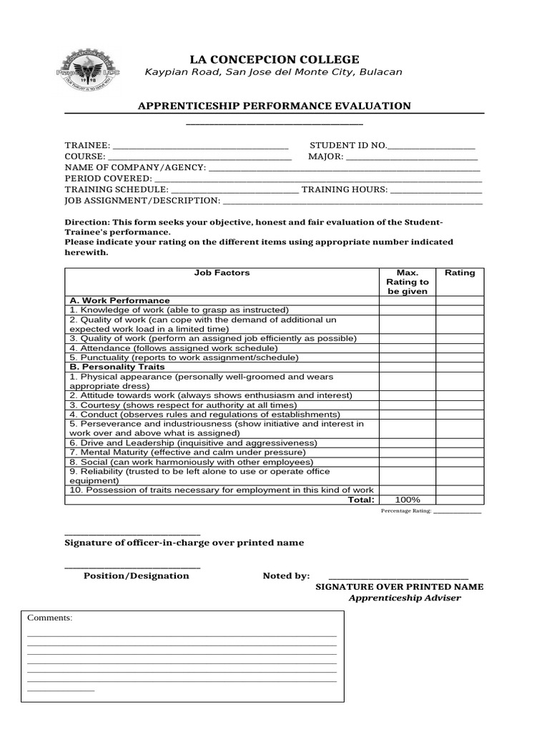 Apprentice Performance Evaluation | PDF | Apprenticeship | Performance ...