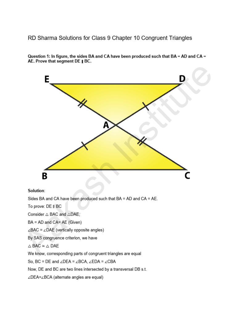 RD Sharma Solutions for Class 9 Chapter 10 Congruent Triangles | PDF | Triangle | Angle