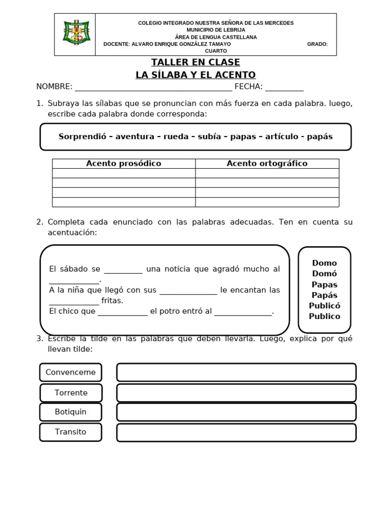 Taller sobre Sílaba y Acento en Español | PDF | Fonología | Lingüística
