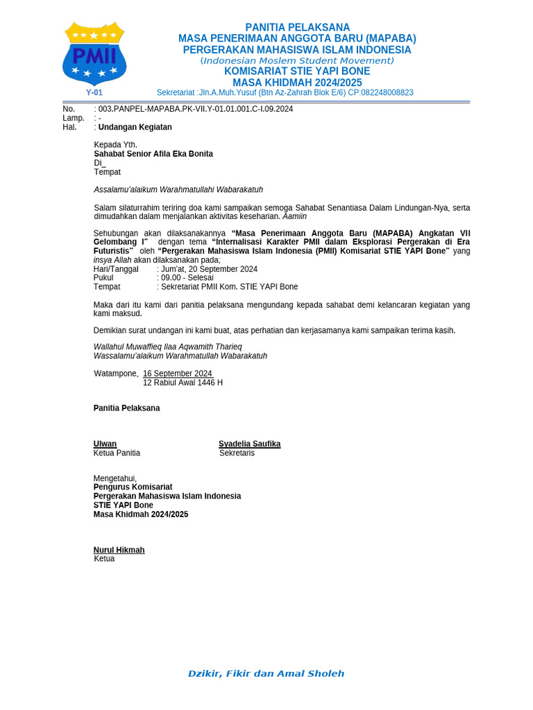 Undangan MAPABA PMII STIE YAPI Bone 2024 | PDF