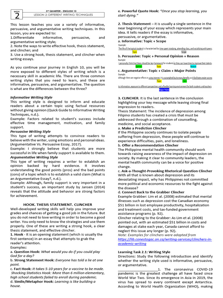 LAS 3rd 2nd Different Writing Techniques | PDF | Essays | Major ...