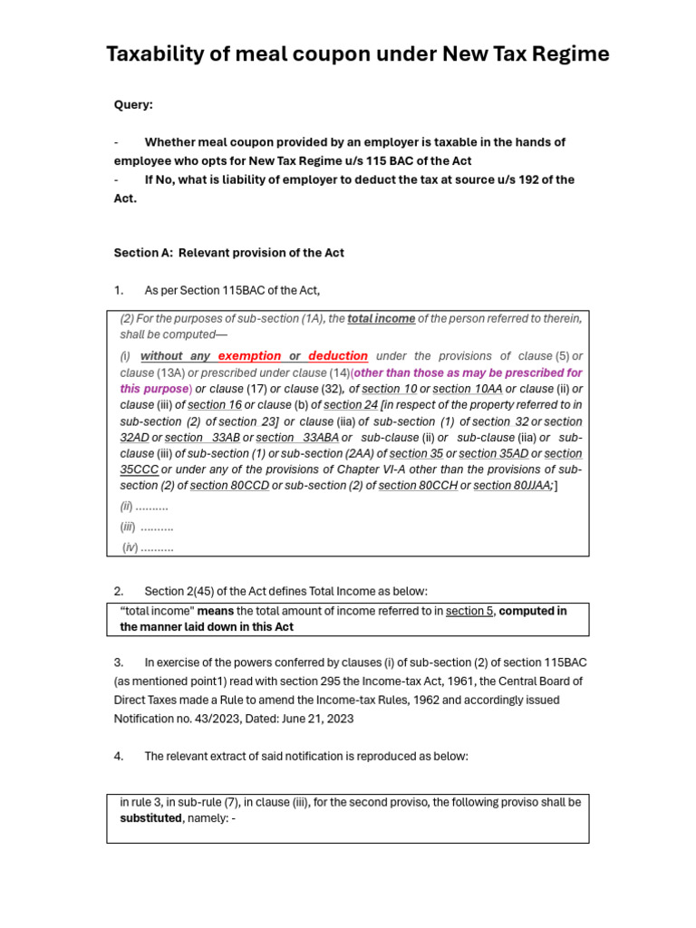 Taxability of Meal Coupon Under New Tax Regime | PDF | Employee ...