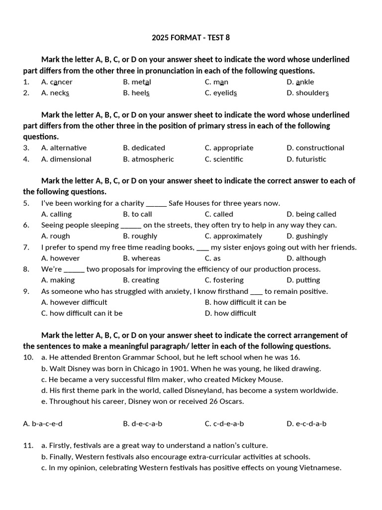 Practice Test 8 (2025 Format) | PDF | Cost Of Living | Coral