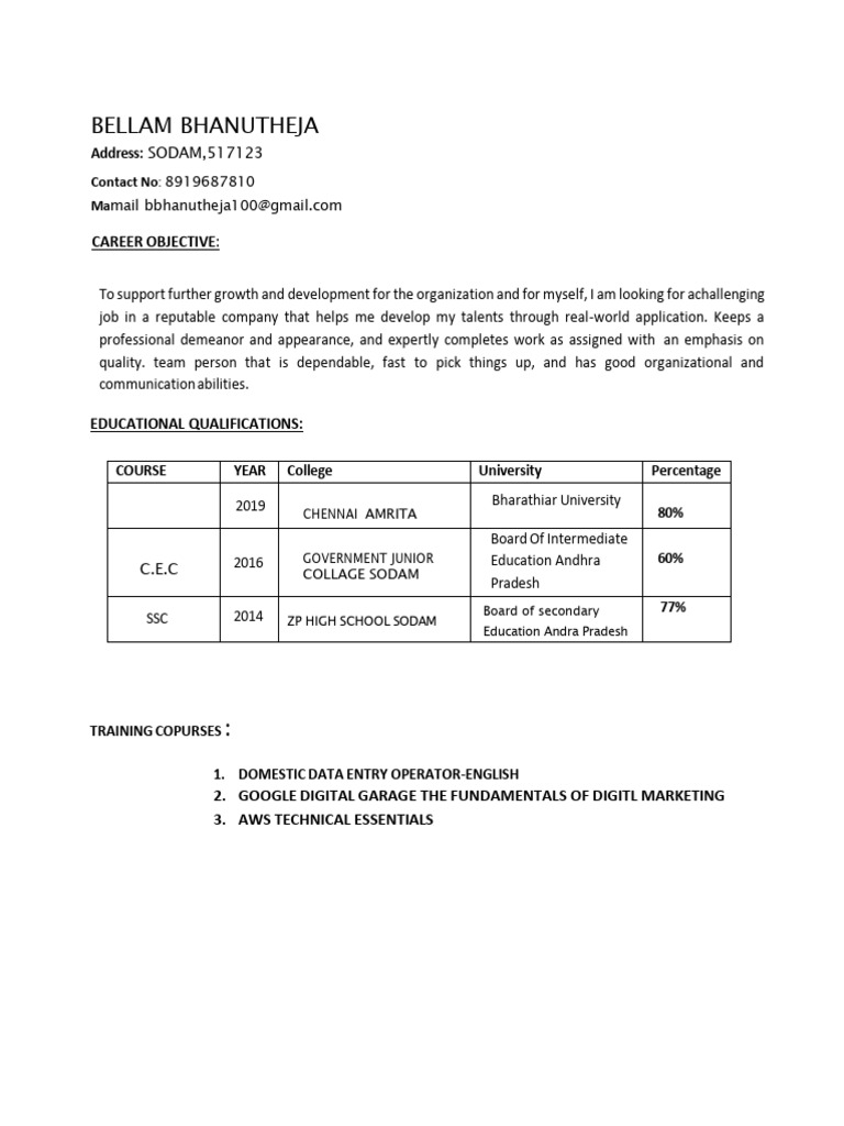 Bellam Bhanutheja Resume | PDF | Learning | Cognition