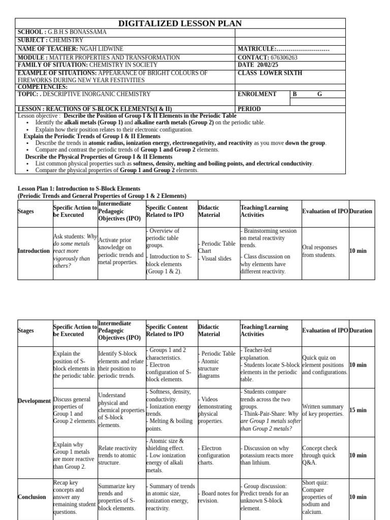 Digital Lesson Plan For S Block Elements | PDF | Chemical Elements ...