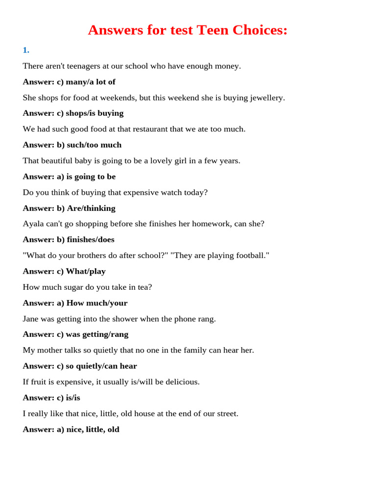 Answers For Test Teen Choices | PDF