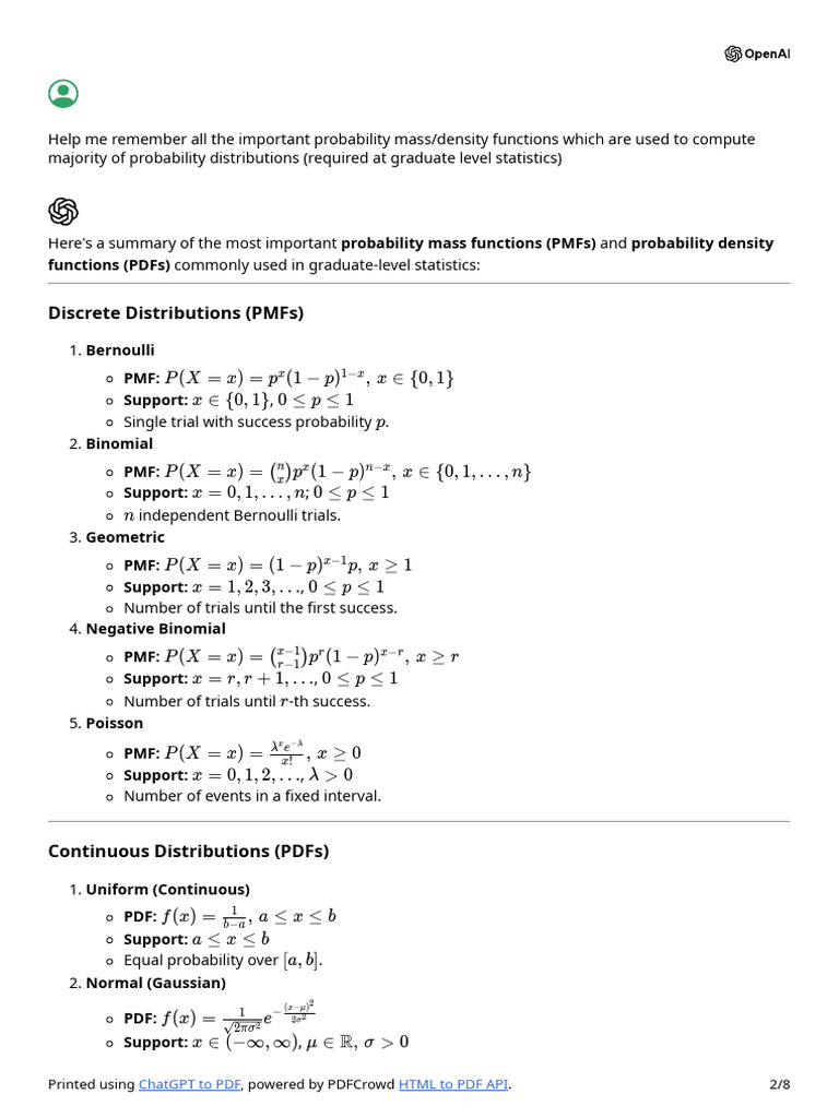 Important PMFs and PDFs | PDF | Normal Distribution | Teaching Mathematics