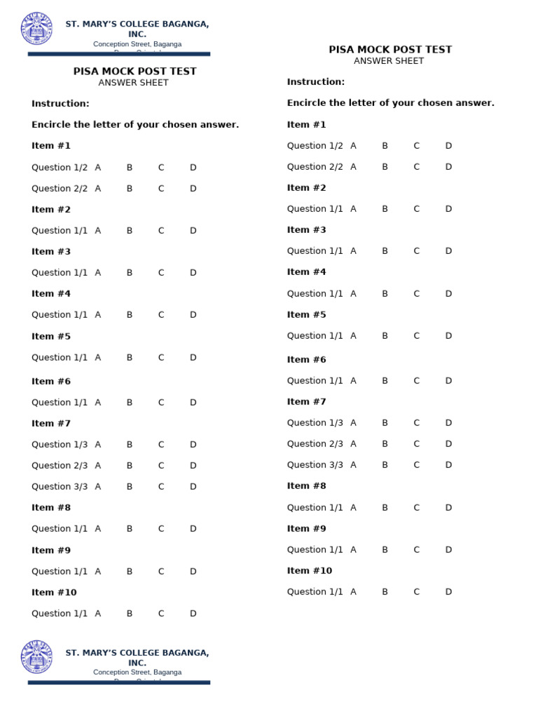 PISA Mock Test Answer Sheet | PDF