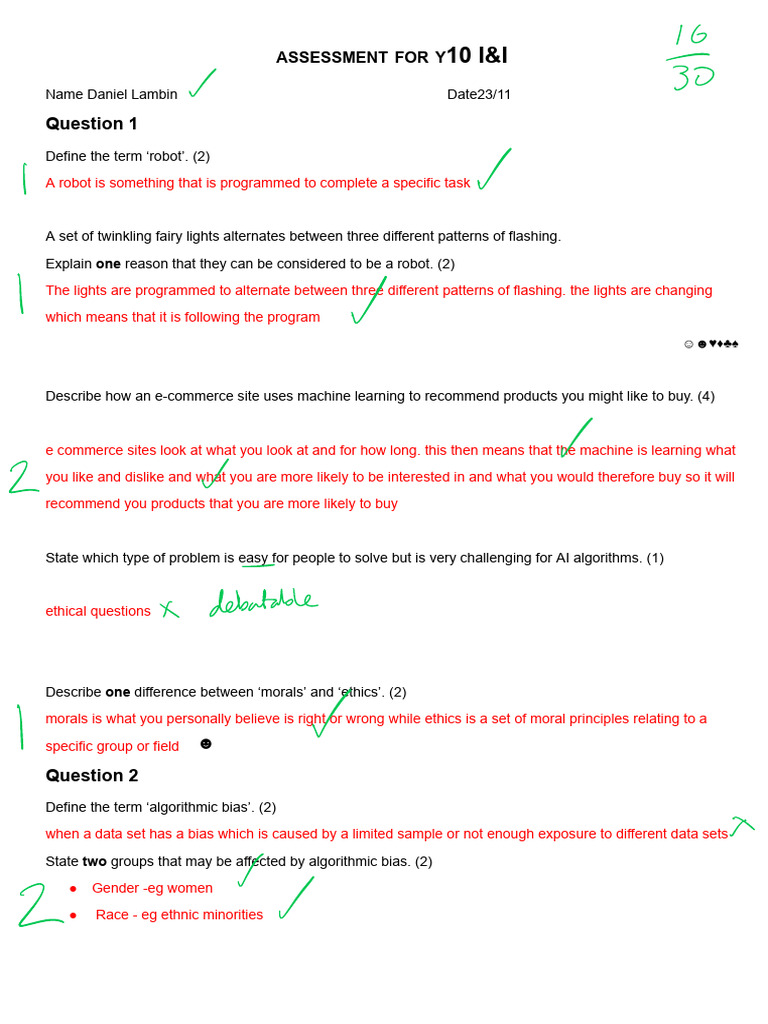 Year 10 Assessment: AI and Robotics Insights | PDF | Electronic Waste ...