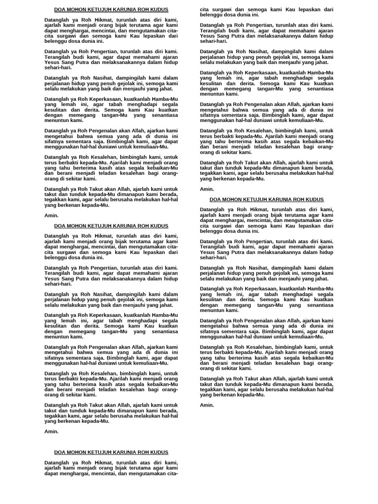 Doa Mohon Ketujuh Karunia Roh Kudus | PDF