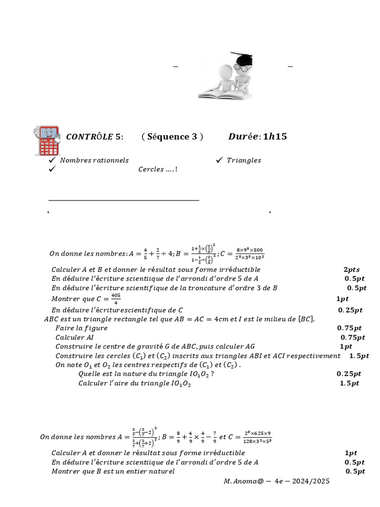 Contrôle de maths 4e - Séquence 3 | PDF