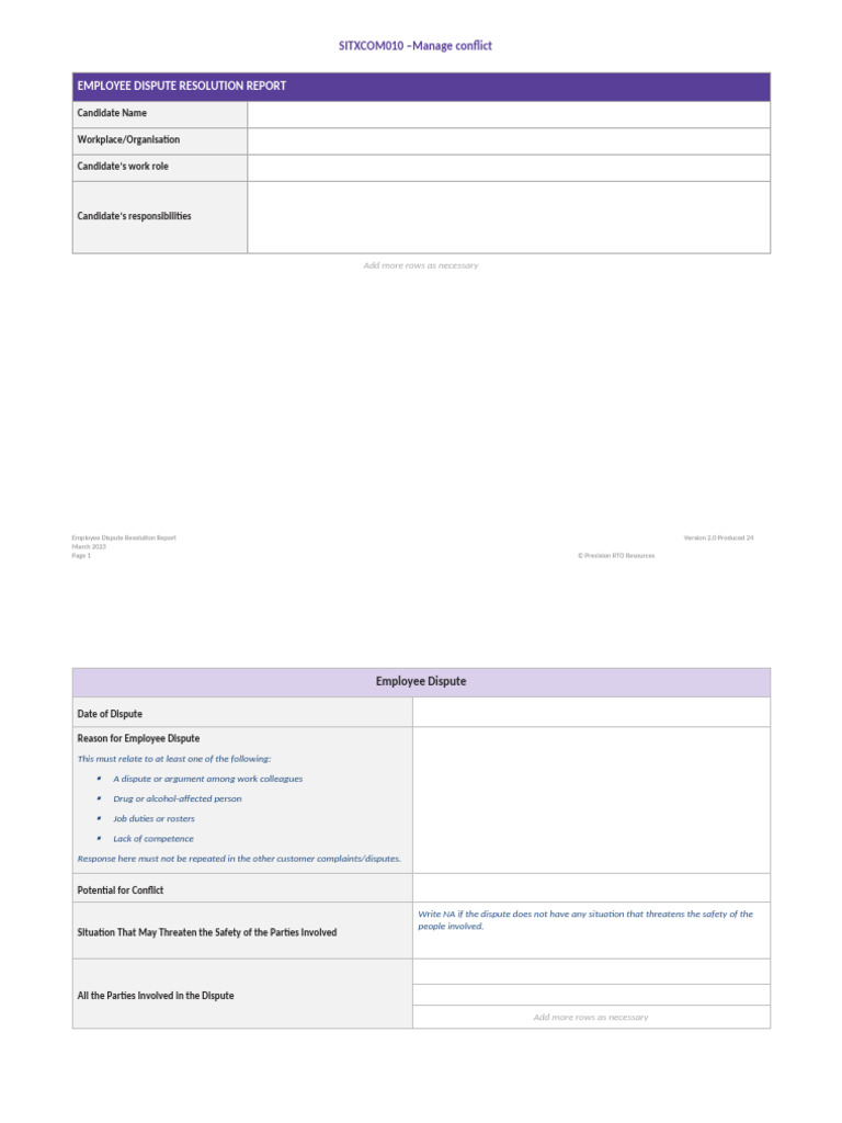 SITXCOM010 Employee Dispute Resolution Report v2.0 | PDF | Employment ...