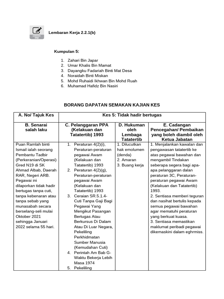 Lembaran Kerja 2.2.1 (B) Kump 5 | PDF