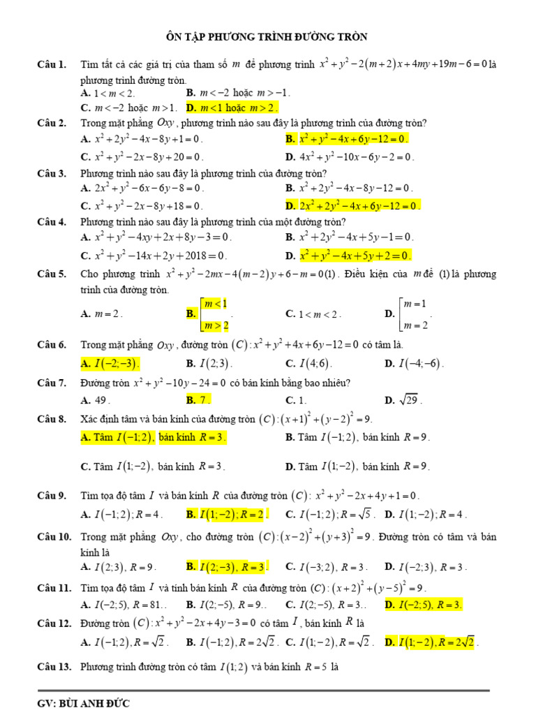Ôn Hè PT Đư NG Tròn Elip | PDF