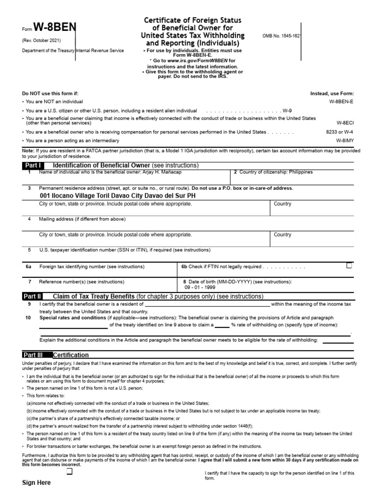 W-8BEN Form for Foreign Individuals | PDF | Public Finance | Taxes