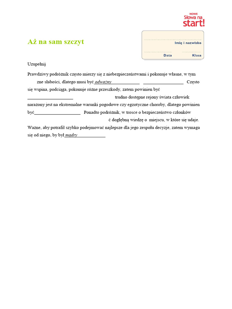 Rozdzial 7 Temat 113 Karta Pracy Az Na Sam Szczyt | PDF