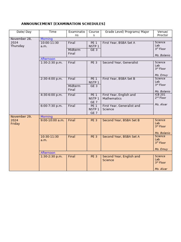 Schedule of Exams - 11.27.24 | PDF | Tests
