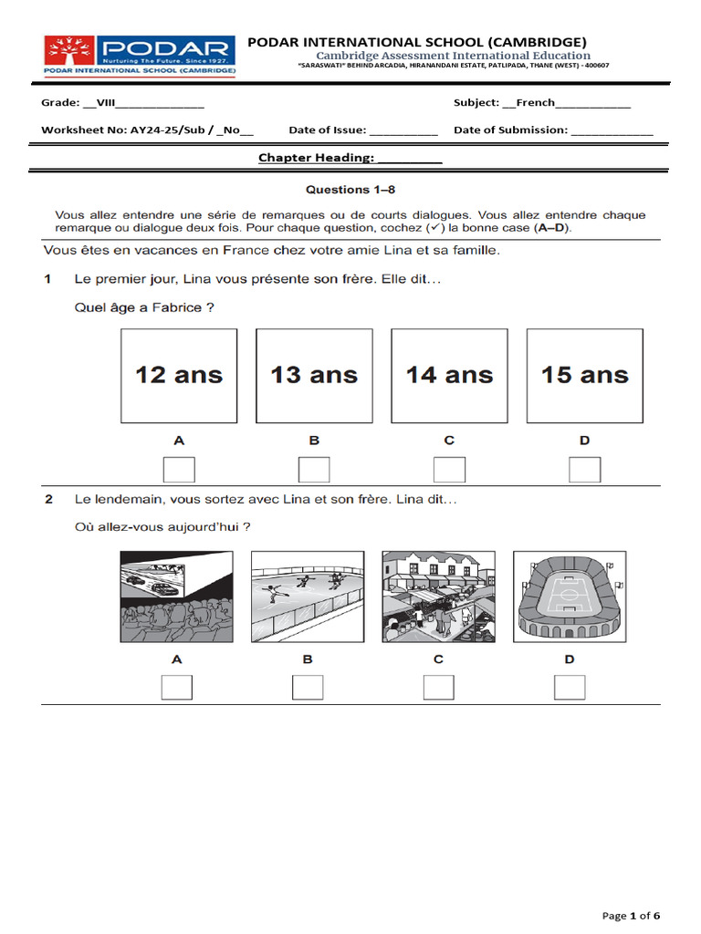 Grade 8 French Worksheet | PDF