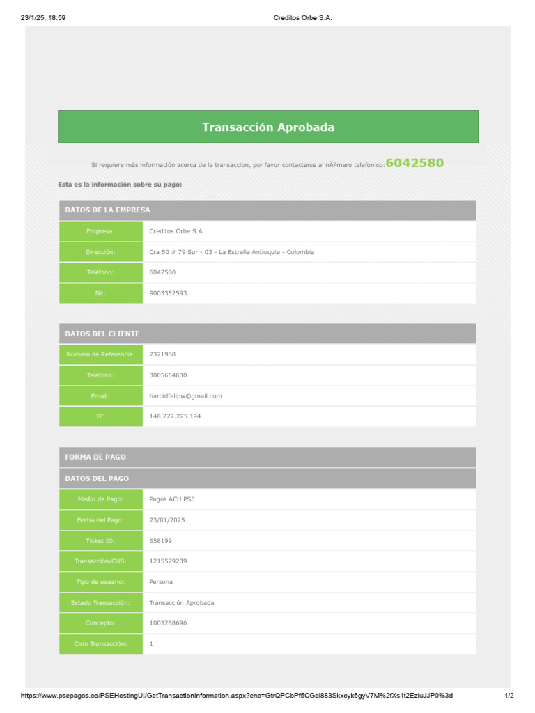 Transacción Aprobada - Créditos Orbe S.A. | PDF