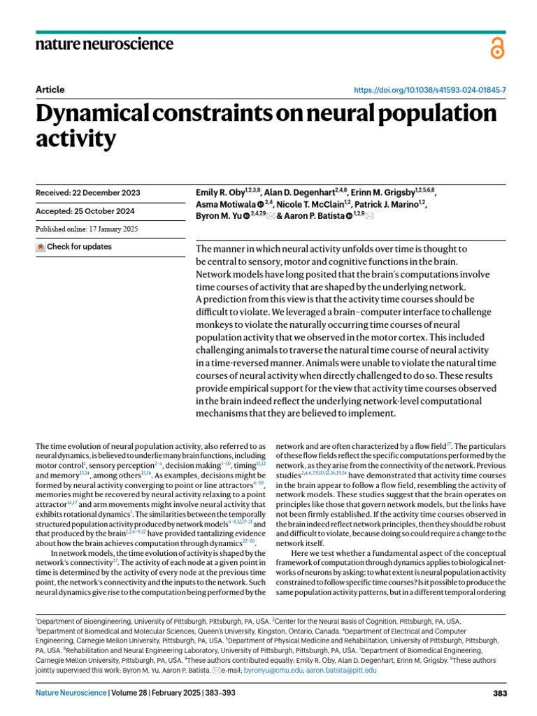 Dynamical Constraints On Neural Population Activity: Nature Neuroscience | PDF | Brain | Nervous ...